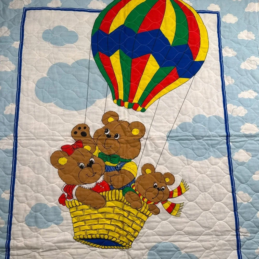 Bedding | Vintage Teddy Bear Hot Air Balloon Baby Blanket Quilt Blue ...
